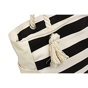 Malirona Large Beach Travel Tote Bag Canvas Shoulder Bag with Cotton Rope Handle (Black Stripes)