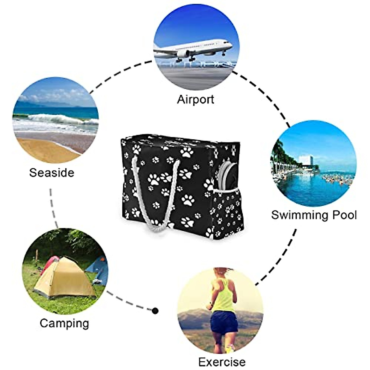 ALAZA Paw Print Footprint Black Tote Bag Beach Large Bag Rope Handles for Shopping Groceries Travel Outdoors