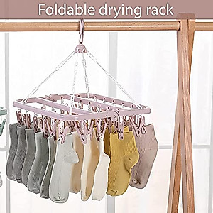 MENFENG Clothes Drying Hanger and Drip Foldable Hanging Sock Rack（32 Clips ） Multifunction Clothes Drying Rack，Rotary Wind-Sock Hanger for Washing line，for Socks, Underwear, Bras, Baby Clothes (Pink)