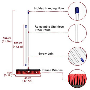 Push Broom, 18'' Heavy Duty Outdoor Broom with Adjustable Long Handle, Garage Broom for Cleaning Bathroom Kitchen Living Room Deck Patio Garage Driveway