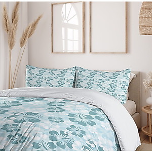 Ambesonne Hawaiian Duvet Cover Set, Rainforest Sea Coasts Palm Trees Happy Times Simple Monochromic Art, Decorative 3 Piece Bedding Set with 2 Pillow Shams, Queen Size, Blue White