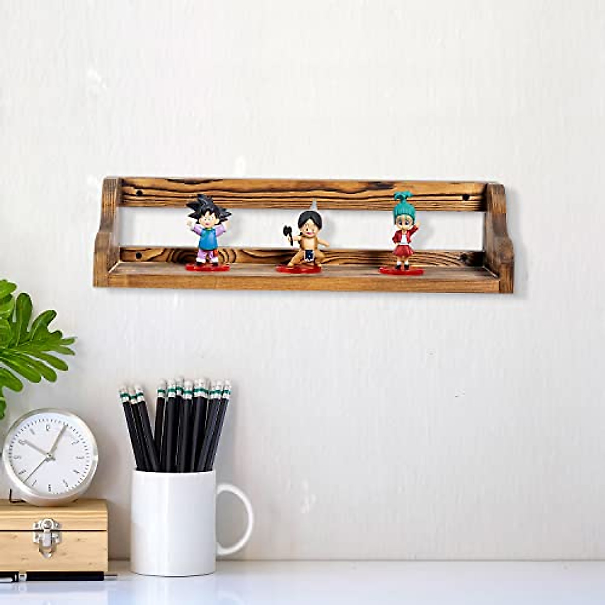 MyGift Wall Mounted 15 Inch Rustic Solid Burnt Wood Floating Display Shelf for Living Room, Bedroom, Bathroom Storage, Shelving Ledge for Picture Frames, Figurines and Collectibles