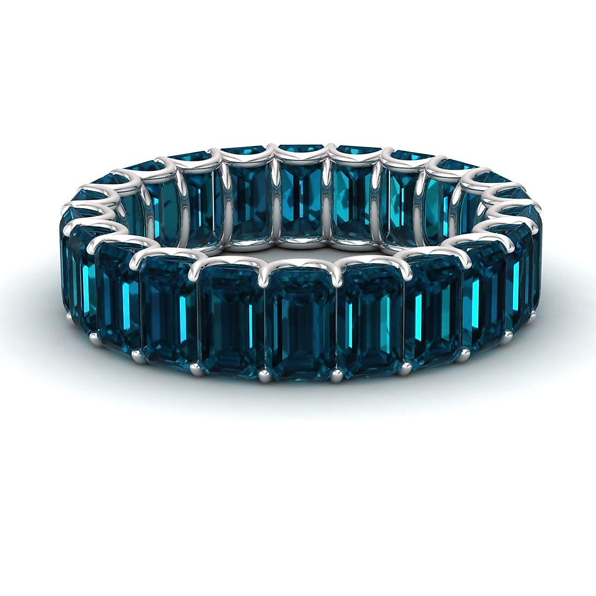 Diamondere Natural and Certified London Blue Topaz Wedding Ring in 14K White Gold | 6.25 Carat Emerald Cut Full Eternity Stackable Band Size 8