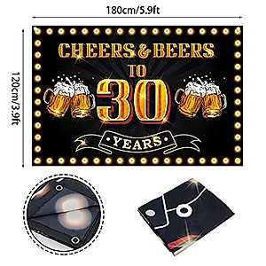 Cheers and Beers to 30 years Banner Backdrop Happy 30th Birthday Background for Men Women Photography Bday Anniversary Party Sign Decorations Supplies Black and Gold
