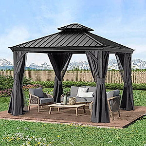 ABCCANOPY 10x10 Hardtop Gazebo - Outdoor Permanent Gazebo with Galvanized Steel Double Roof, Aluminum Pavilion with Netting and Curtain for Patio, Lawn, Garden (Double Roof, Gray)