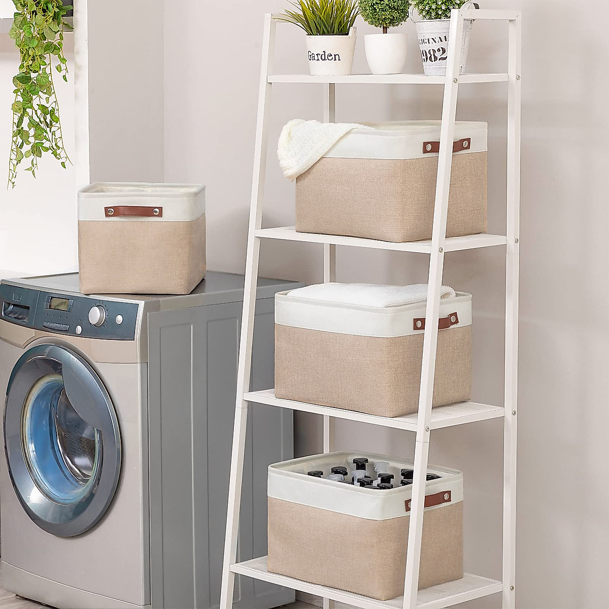 Ecegeva Fabric Storage Bins, Large Storage Baskets with Handles for Toys Towels Books Organization, Foldable Linen Cloth Storage Baskets for Organizing Closet Laundry Nursery(White&Khaki)