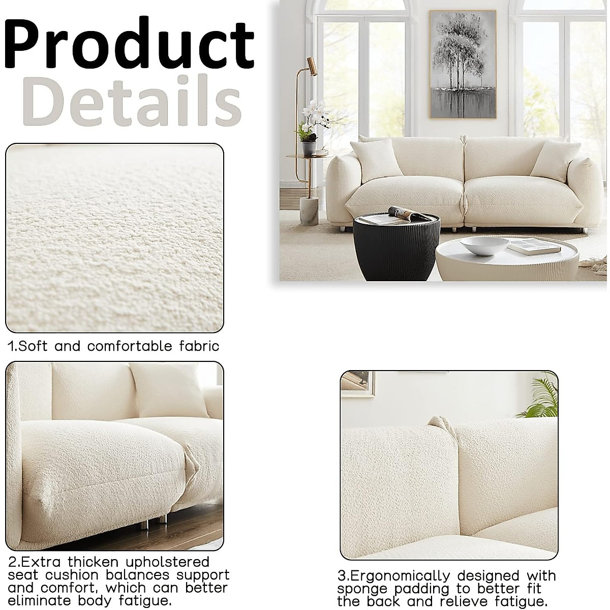 Hison Lambswool 2 Seat Cushion Couch 87'' Comfy Couch for Living Room Lambswool Sofa with 2 Pillows (White)