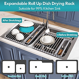 JASIWAY Roll Up Dish Drying Rack, Expandable 304 Stainless Steel Portable Over The Sink Dish Drainer for Kitchen Sink Counter, Foldable Sink Cover with Removable Utensil Holder(12.8"-23.3")
