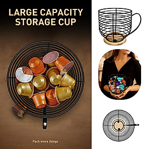Coffee Pod Holders for Counter - K Cup Holders for Counter - Coffee Pods Storage Organizer - Coffee Bar Accessories - Large Capacity Black Wire Kup Storage with Wooden Base.