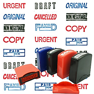 Reliancer Set of 8 Self Inking Pre-inked Office Stamp 8 Message Account Stamp Office Stationary Stamper Business Paper Work Text Stamps w/Tray RedBlueBlack Ink