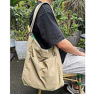 Canvas Hobo Crossbody Shoulder Tote Bag for Women and Men W/Multi-pocket Casual Purse Messenger Bags Travel Work (Khaki/607)