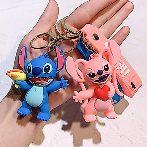 feimeng jewelry Anime Cute Stitch Silicone Keychain, PVC Pendant Key Chain Ring Holder Wristlet Accessories for Kids Gifts (Angel - Love)