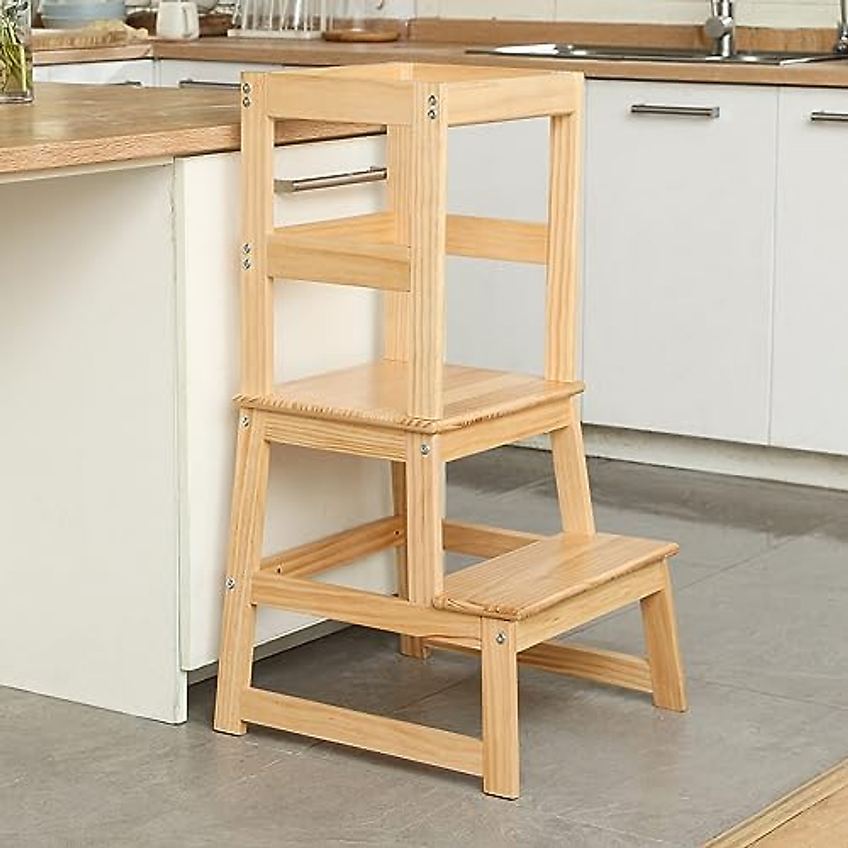 Kitchen Step Stool for Kids with Safety Rail,Solid Wood Construction Toddler Learning Stool Tower, Montessori Toddlers Kitchen Stool (Natural)