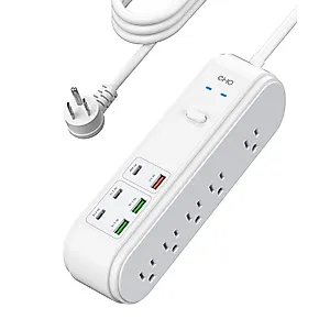 PD 40W USB C Power Strip Surge Protector, 10 Outlets and 6 USB Ports, Flat Plug Desktop USB C Super Fast Charging Station QC 18W Power Bar with 6ft Extension Cord for Home/Office, 1875W/15A, 4500J