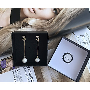Fashion Designer Inspired Faux Pearl Lucky Number Long Charm Dangle Drop Earrings Studs for Women