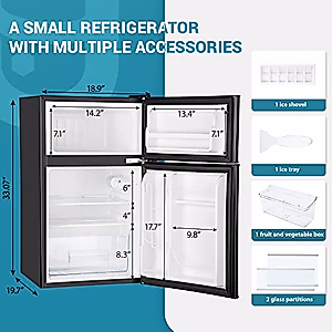 EUHOMY Mini Fridge with Freezer, 3.2 Cu.Ft Mini refrigerator with freezer, Dorm fridge with freezer 2 door For Bedroom/Dorm/Apartment/Office - Food Storage or Cooling Drinks(Black).