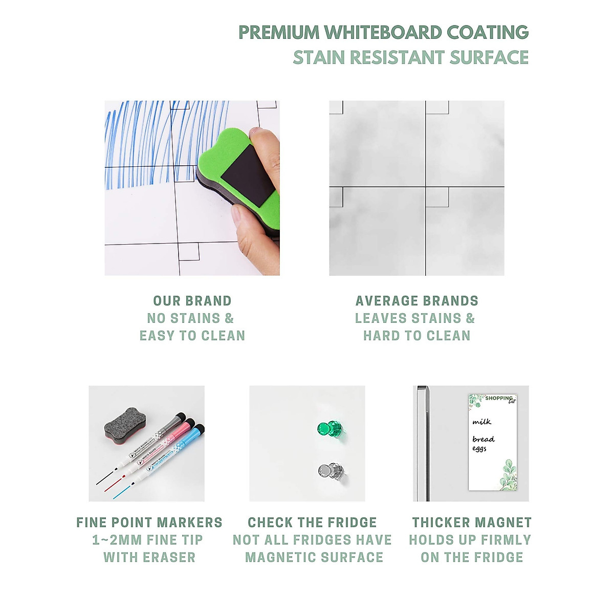 Monthly Magnetic Calendar for Refrigerator (Leaf) | Set of 3 Vertical Magnetic Dry Erase Board: Magnetic Fridge Planner 12 x 17 Inch, Shopping List & to Do List 4 x 8 Inch | 3 Markers & 1x Eraser