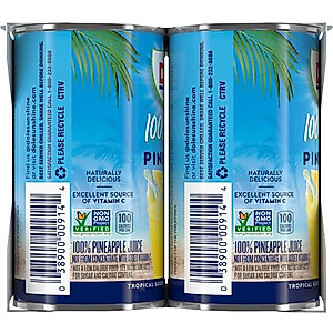Dole 100% Pineapple Juice, No Added Sugar, Excellent Source of Vitamin C, 100% Fruit Juice, 6 Fl Oz (Pack of 6), Packaging May Vary