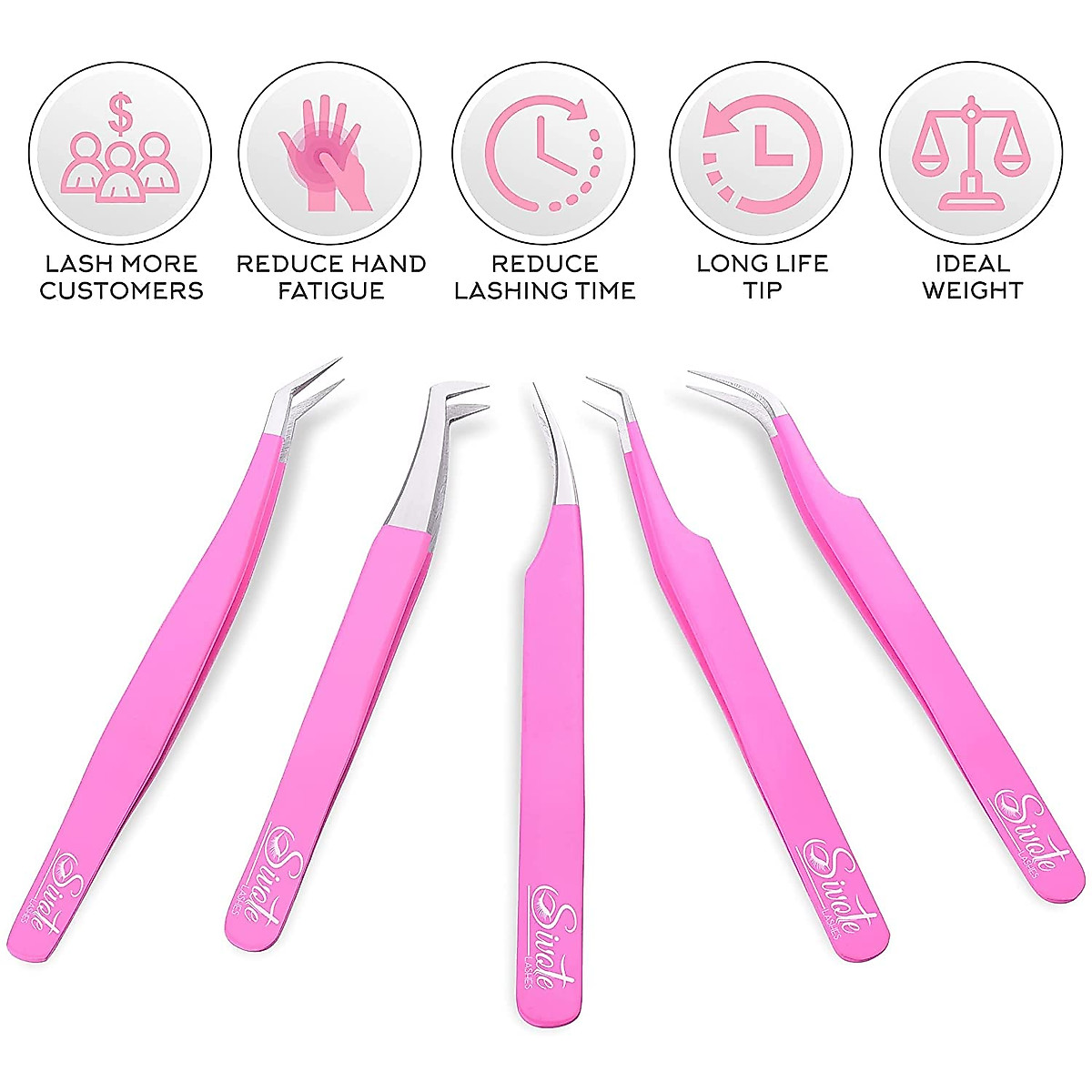 SIVOTE Eyelash Extension Tweezers for Classic & Volume Lashes, 5-Pack, Pink