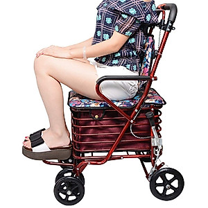 Shopping Trolley on Wheels Multi Function Shopping Cart The Elderly Cart Little Pull Car Elderly Wheelbarrow Can Push to Sit Foldable Walker Four Scooter Storage Hand Trucks,Gold Flower ,Sh