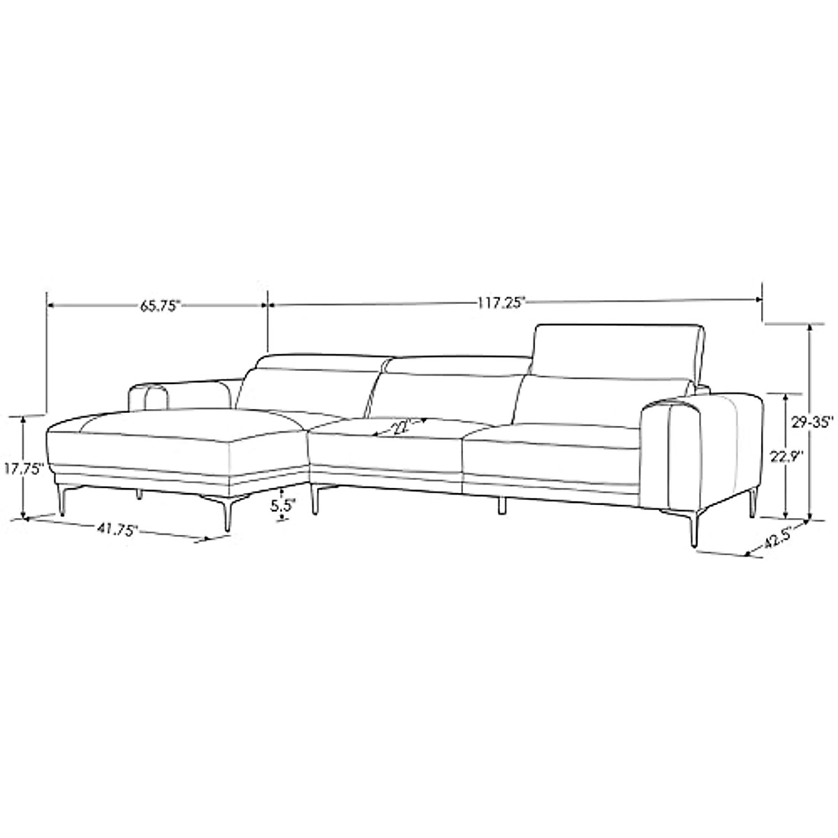 Zuri Furniture Rousso Leather Sectional with Ratcheting Headrests and Right Chaise in White