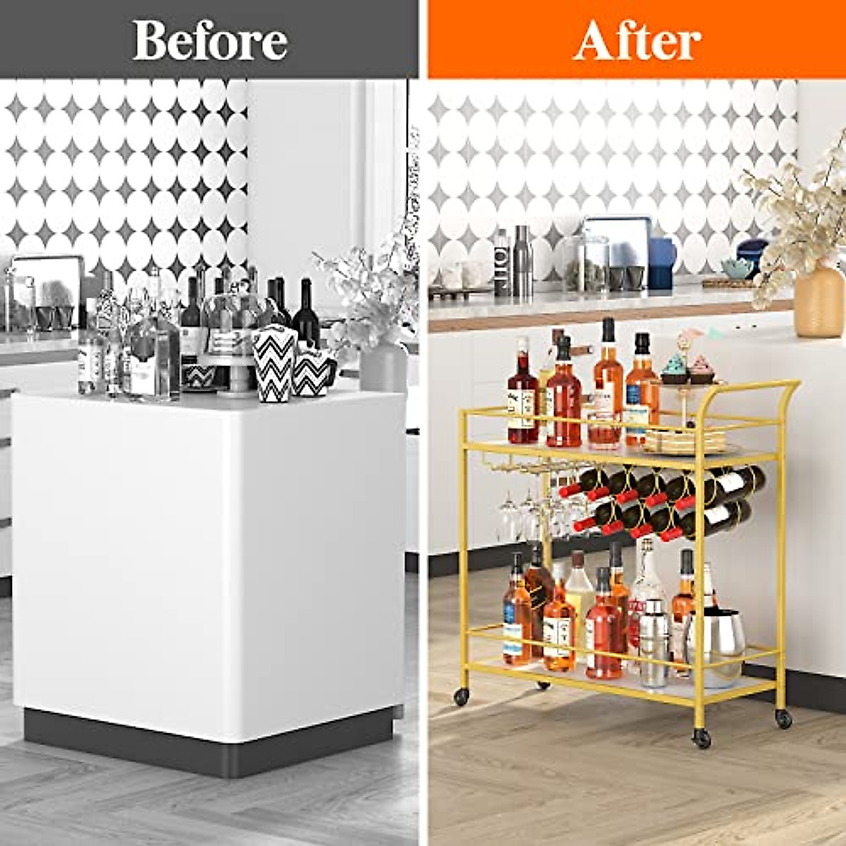 Lifewit Bar Cart, Home Bar Serving Cart, 2 Tier Drink Cart with 9 Wine Bottle Racks, Liquor Beverage Cart for Kitchen Dining Living Room Outdoor, 31.5" x 13" x 34.6", Gold