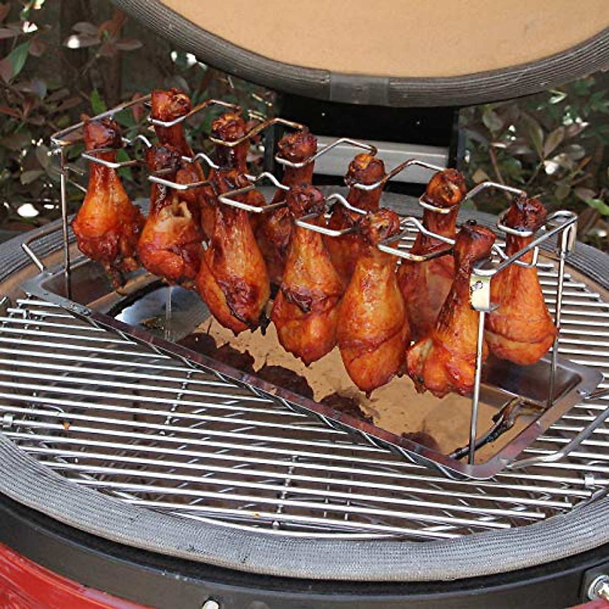 FIRELOOP Chicken Wing Leg Rack BBQ Chicken Drumsticks Rack Stainless Steel Hang Up to 12 Chicken Legs or Wings, Metal Roaster Stand with Drip Tray for Kamado Joe Big Green Egg, Smoker Grill or Oven