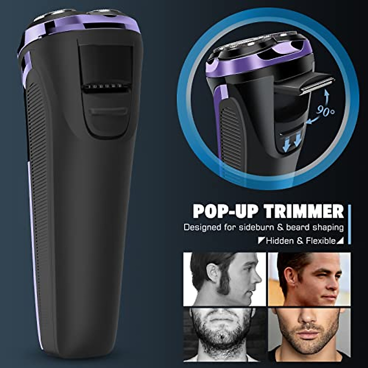 Electric Razor Men's Electric Shaver, USB Rechargeable Wet and Dry Shaver with Pop-up Trimmer and Portable Storage Pouch, Face Shaver Cordless Travel Shaver, Purple
