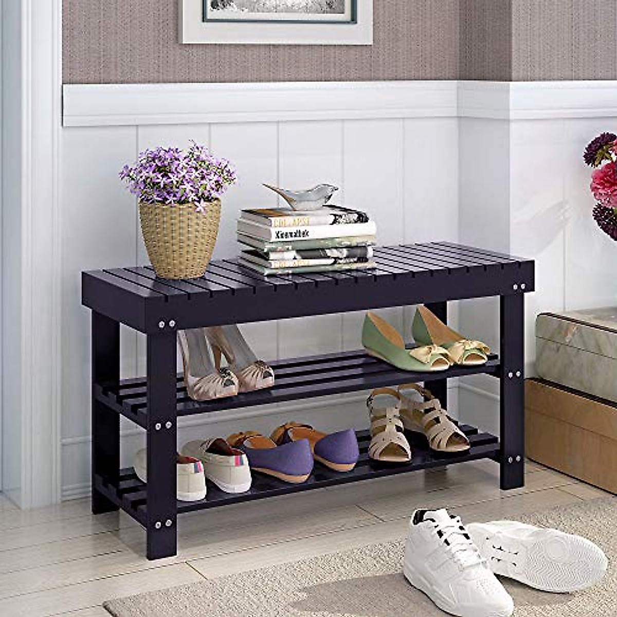 Goujxcy Shoe Rack Bench,3-Tier Shoe Rack Storage Bench Bamboo Seat Organizing Shelf Entryway Hallway Organizer Furniture, Holds Up to 551 lbs,Coffee
