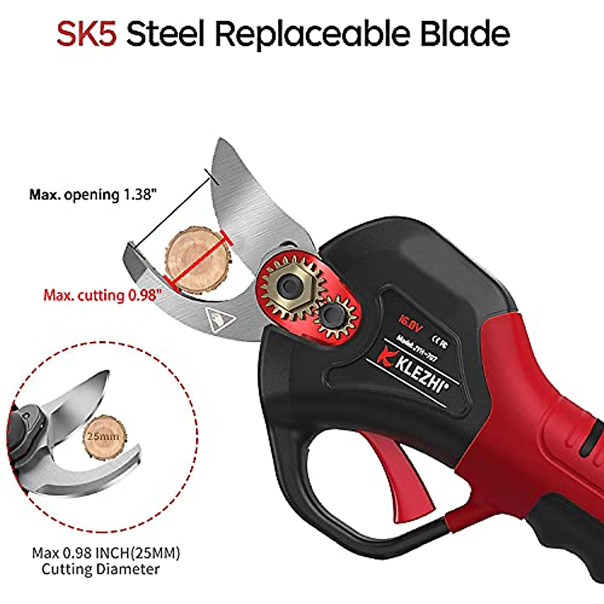 K KLEZHI Professional Cordless Electric Pruning Shears Branch Pruner 2 Pcs Backup Rechargeable Lithium Battery Powered Tree, 1INCH (25mm) (Black & Red)