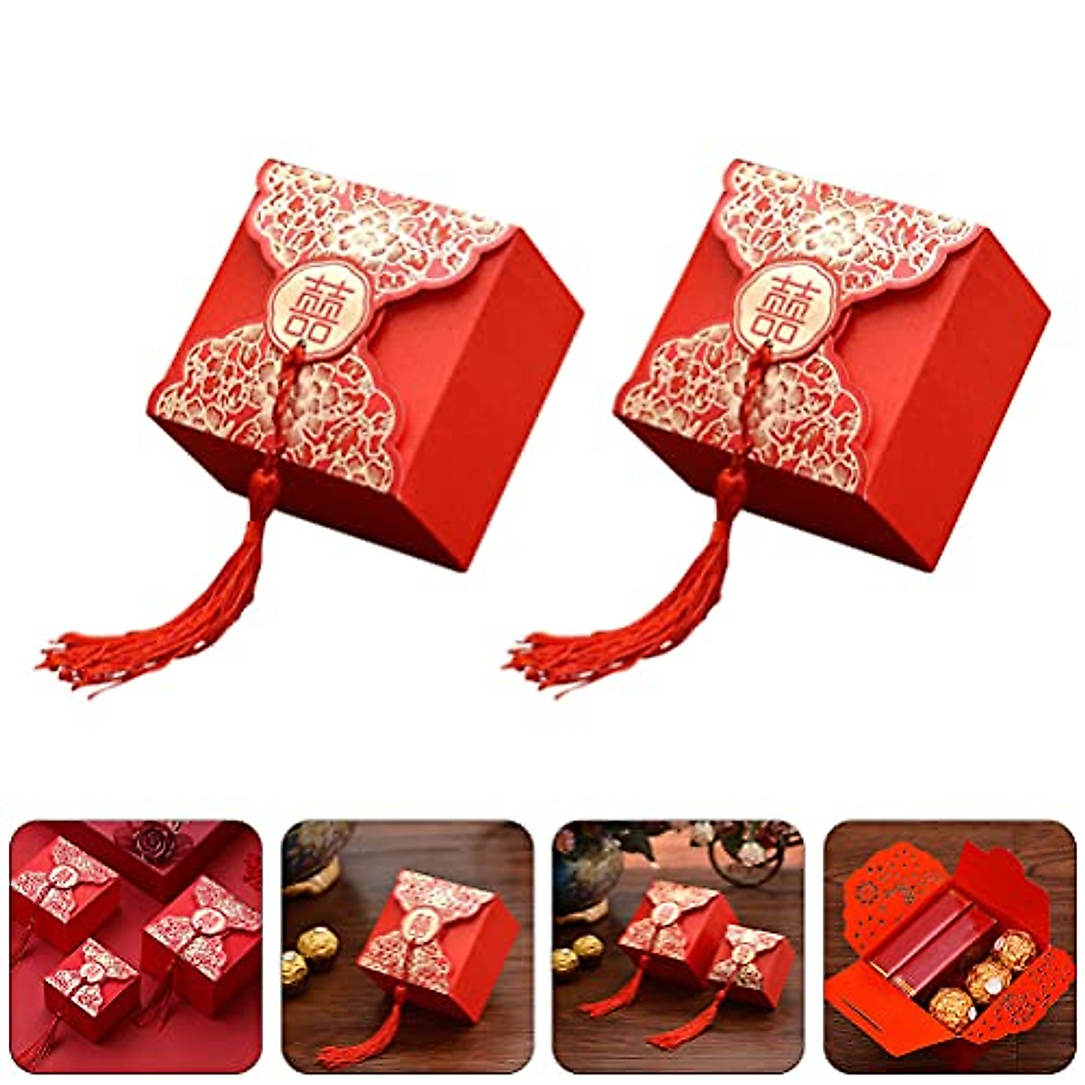 KESYOO 20pcs Wedding Party Favor Boxes Chinese Style Xi Candy Chocolate Gift Boxes with Tassels for Wedding Baby Shower Birthday Party (Red) L