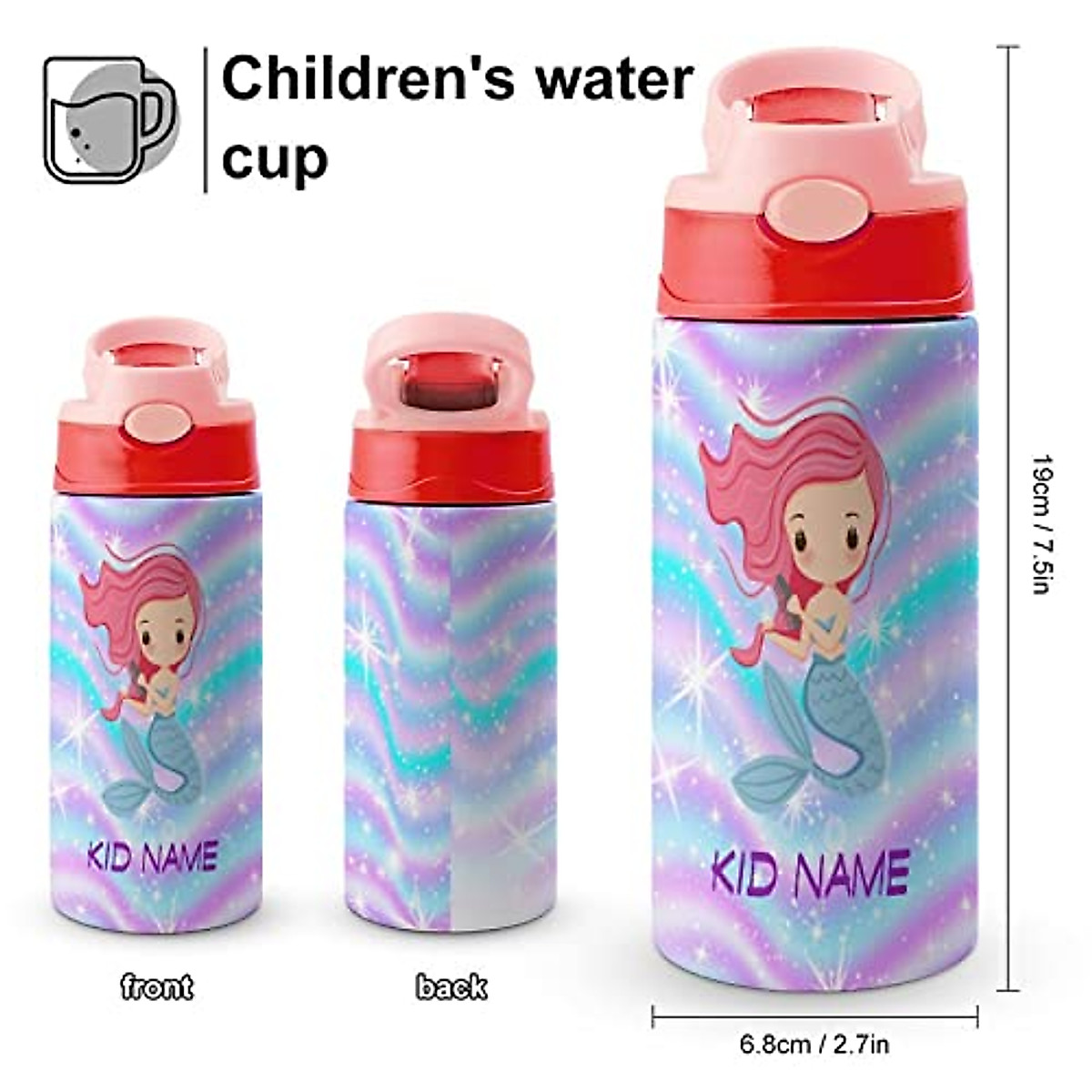 Custom Pink Mermaid Kids Water Bottle with Straw Lid Personalized Add Your Text Stainless Steel Sports Water Bottles Customized Reusable Leak-Proof Toddlers Cup for School, Travel