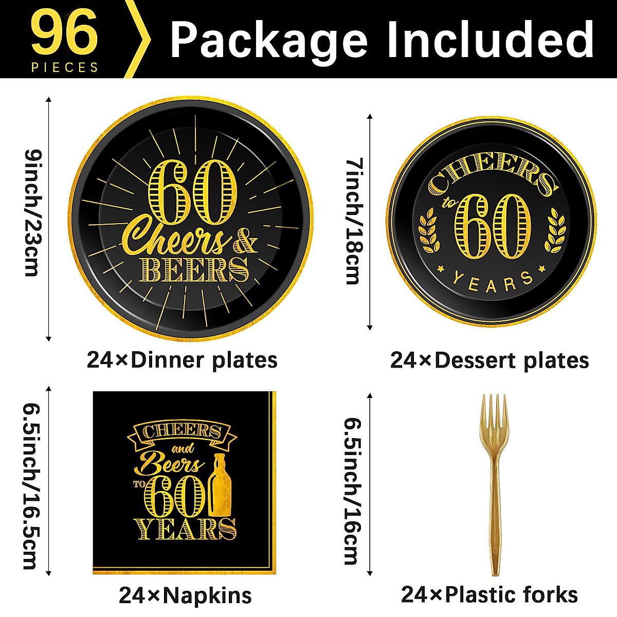 96 Pcs Cheers 60th Birthday Plates and Napkins Party Supplies Cheers to 60 Years Tableware Set 60th Party Birthday Decorations Favors for Men Women Serves 24