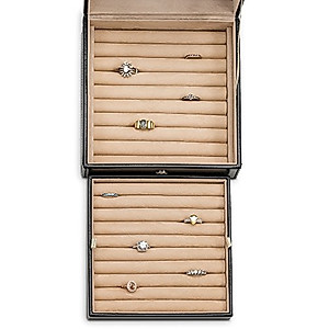 Glenor Co Ring Organizer Box - 108 Slot Classic Jewelry Display Holder - 2 Storage Trays with Modern Buckle Closure, Large Mirror - Holds Rings and Cufflinks - PU Leather Case - Black