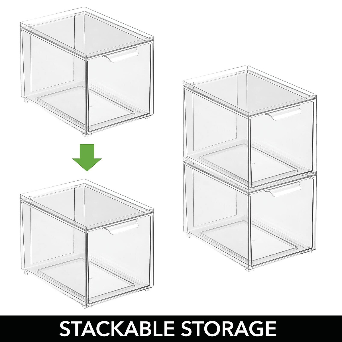 mDesign Plastic Pantry Organization and Storage Bin w/Pull Out Drawer - Slim Stackable Kitchen Supplies Storage Container for Organizing Cabinet, Fridge, Freezer - Lumiere Collection - 2 Pack - Clear