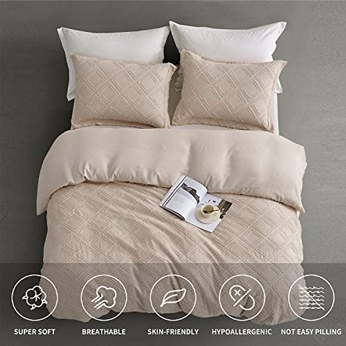 Maple&Stone King Duvet Cover Set, 3 Pieces Textured Tufted Boho Bedding Sets Zipper Closure Design with Ties, 1 Duvet Cover + 2 Pillow Shams, Comforter NOT Included (Khaki, King Size)