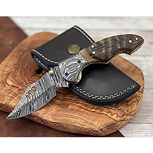 Damascus Steel Folding Pocket Knife With Ram Horn Handle - 100% Handmade Gift Knives for Men With Leather Sheath - 7.5 inches Knives For Hunters - Perfect for Any Occasion, Birthday, Anniversary, Wedding, Graduation