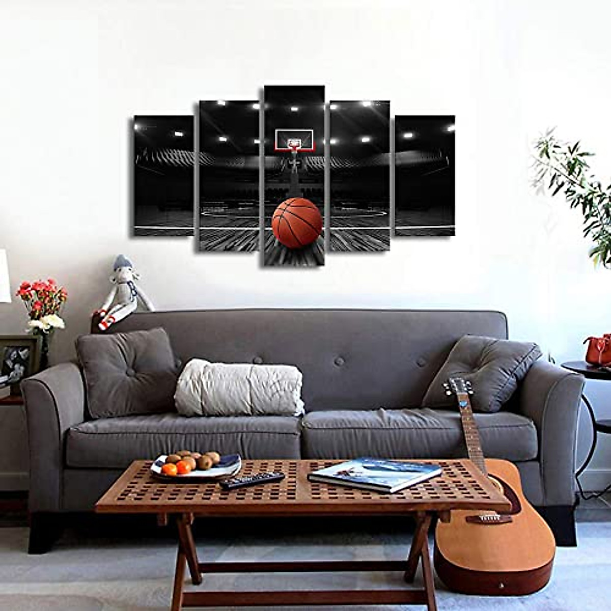 Derkymo 5 Pieces Basketball Court Pictures for Bedroom Black and White Canvas Wall Art Sports Painting Prints Artwork for Living Room Boys Room Stretched and Framed Ready to Hang 24"x40"(5 Pieces)