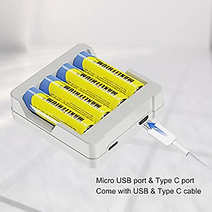 maxlithium 1.5V AA Lithium Rechargeable Batteries 2520mWh, 1500 Cycles Lithium AA Batteries Rechargeable with 2H Fast Charging, 4 Count with Charger