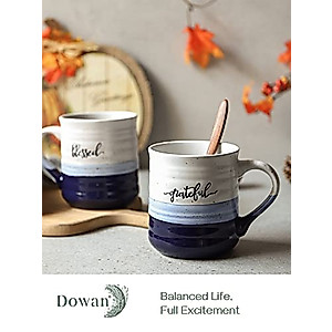 DOWAN Coffee Mugs, Large 20 oz Mugs Set of 2 with Word Blessed Grateful, Porcelain Christian Coffee Cup, Thank You Gifts for Men Women All, Blue White