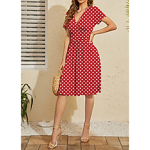 WEACZZY Women Summer Casual Short Sleeve Dresses Empire Waist Dress with Pockets,White Dot Red,S