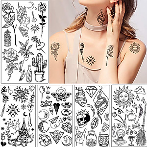 GLARYYEARS 150+ Pattern Black Tiny Temporary Tattoo, Hands Face Halloween Tattoo Sticker for Men Women, Flower Space Moon Snake Designs Body Art on Arm Neck Shoulder Clavicle Waterproof