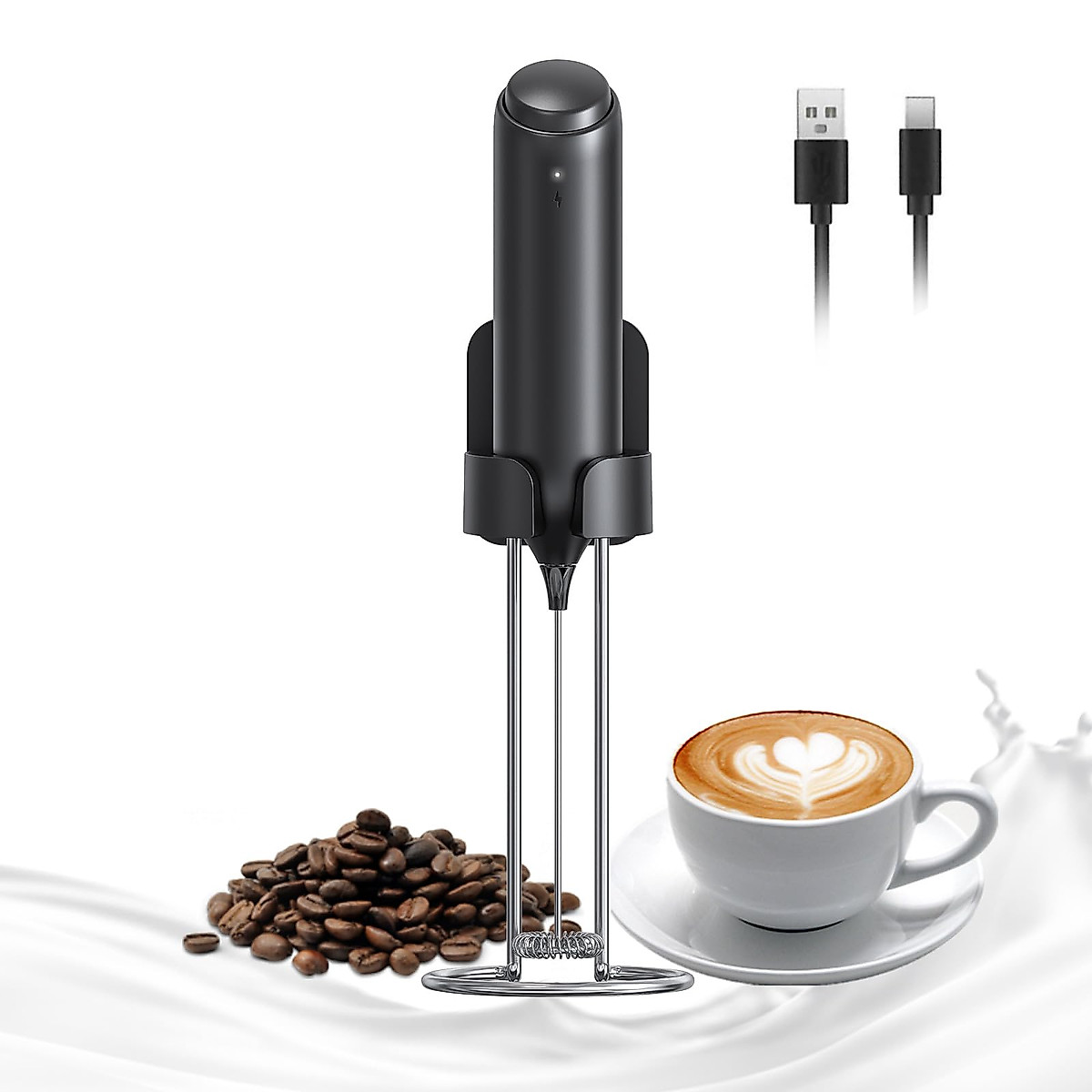 Lamido Milk Frother Handheld with Wall Mounted Stand, Mini Foamer Wand for Lattes, USB Rechargeable Drink Mixer, Electric Hand Whisk, Automatic Stirrers & Coffee Blender - Kitchen Gifts - Black