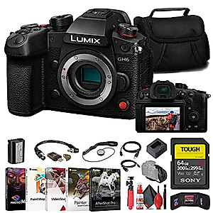 Panasonic Lumix GH6 Mirrorless Camera (DC-GH6BODY) + Sony 64GB Tough SD Card + Card Reader + Corel Photo Software + Case + Flex Tripod + Hand Strap + Memory Wallet + Cap Keeper + More