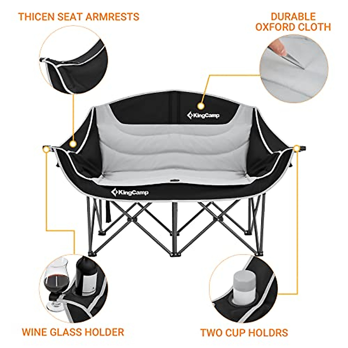KingCamp Double Camping Chair Loveseat Heavy Duty for Adults Two Person Outdoor Folding Chairs with Cup Holder Wine Glass Holder Support 441lbs for Outside Picnic Beach Travel(Black)
