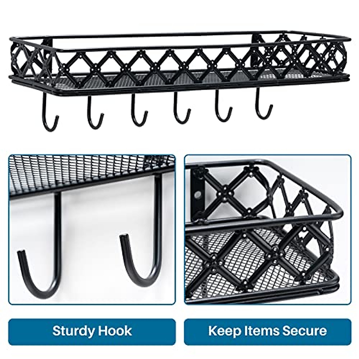 HOMERACK Key Holder for Wall, 6 Key Hooks, Wall Mount Key Rack with Mail Organizer, Metal Key Hanger for Entryway, Hallway, Office, Black