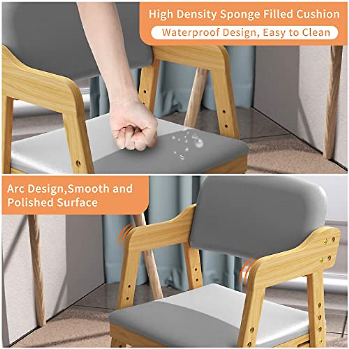 Wooden High Chair for Toddlers, Adjustable Toddler High Chair with High Rebound Waterproof Cushion for Toddlers to Teens，Toddler Dining Chair with Steps for Kids Dining, Studying, Step Tool (Grey)