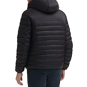 Calvin Klein Men's Hooded Down Jacket, Quilted Coat, Sherpa Lined, Black, Larg