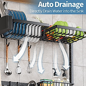 Urackify Over The Sink Dish Drainer Drying Rack, Adjustable (25.19"-37.4") Over Sink Dish Drying Rack, Extra Large Extendable Dish Rack Above Kitchen Sink, 2 Tier Dish Strainer with Storage Basket