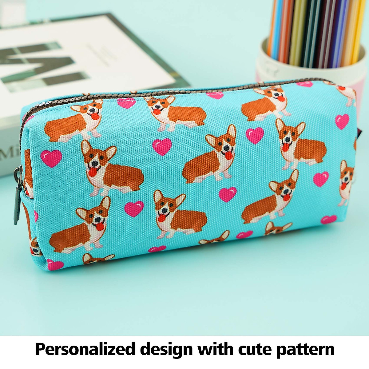 LParkin Kawaii Corgi Dogs Large Capacity Cute Gadget Canvas Pencil Case Pen Bag Pouch Box Stationary Case Makeup Cosmetic Bag